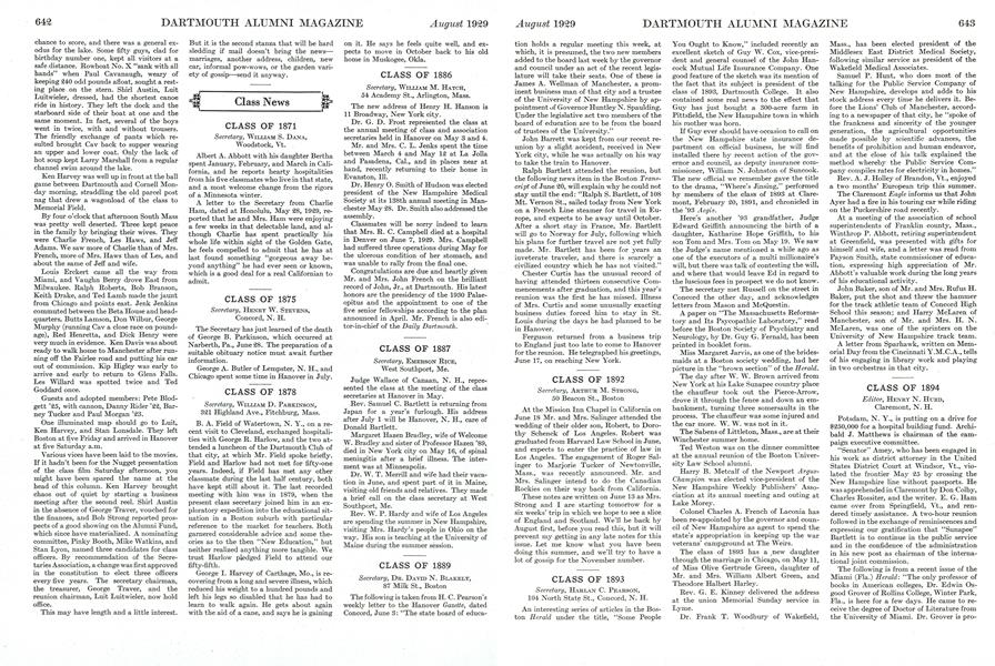 CLASS OF 1887 | Dartmouth Alumni Magazine | AUGUST 1929