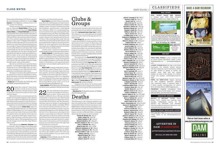 2020 | Dartmouth Alumni Magazine | SEPTEMBER | OCTOBER 2022